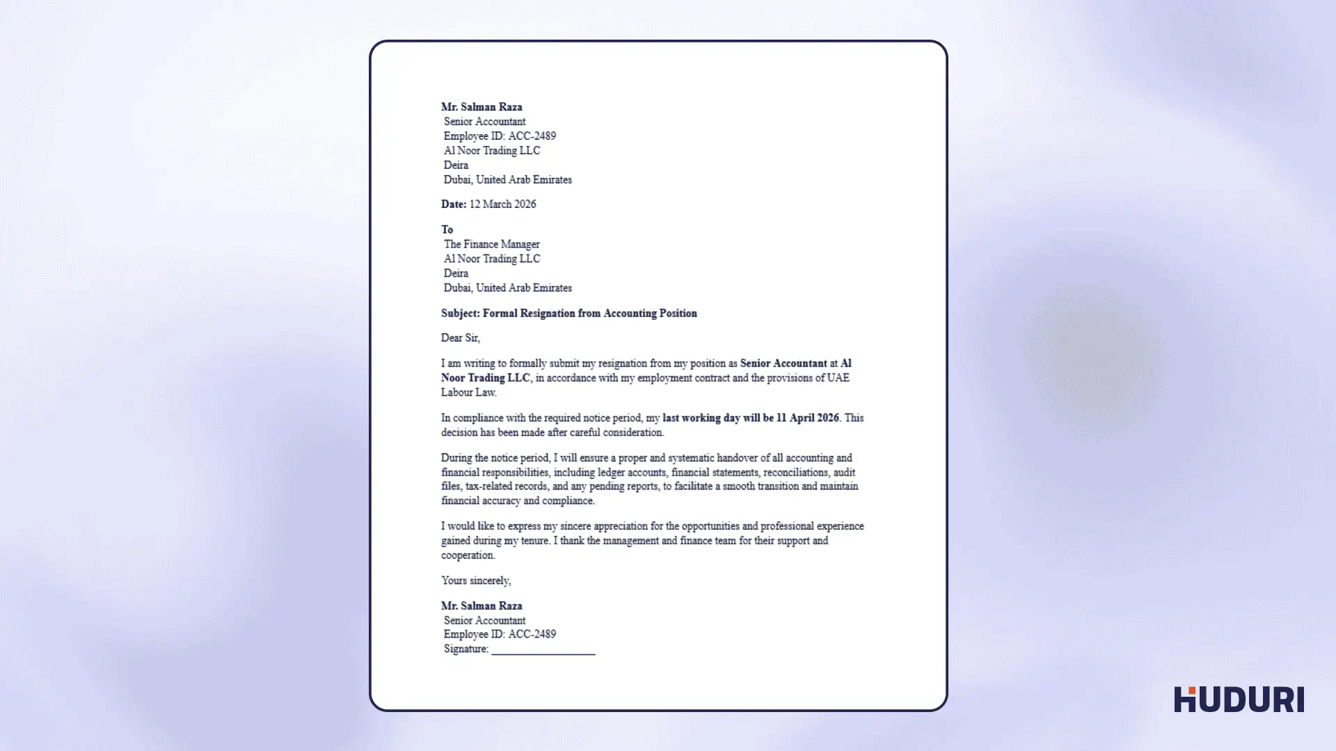 Resignation Letter Sample in UAE