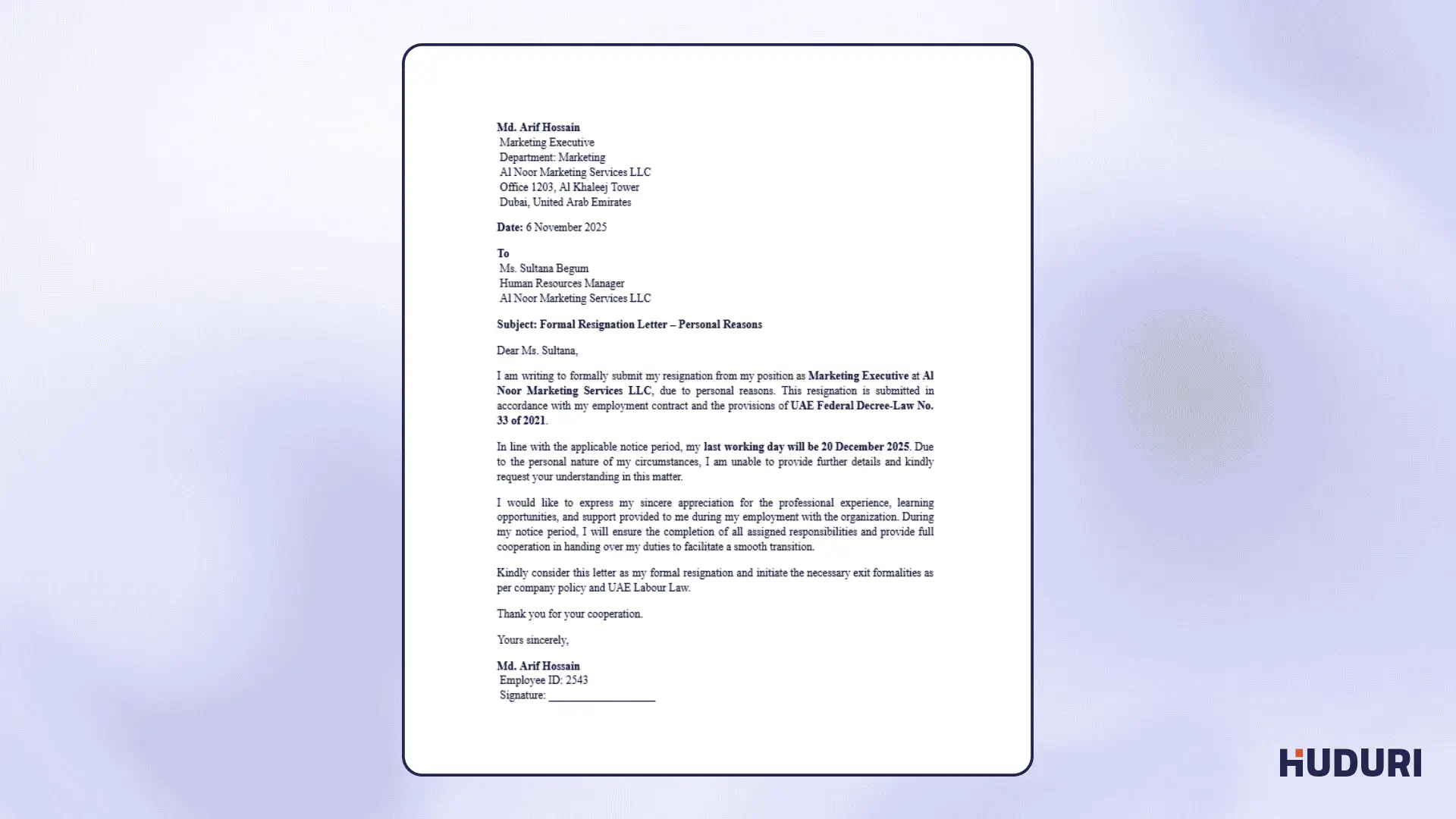 Resignation Letter Sample in UAE